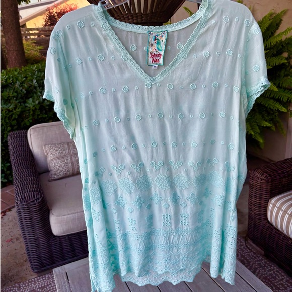 Johnny Was | Tops | Johnny Was Aqua Embroidered Tee | Poshmark